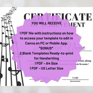 Music Achievement Editable Award Certificate Template, Personalized ...