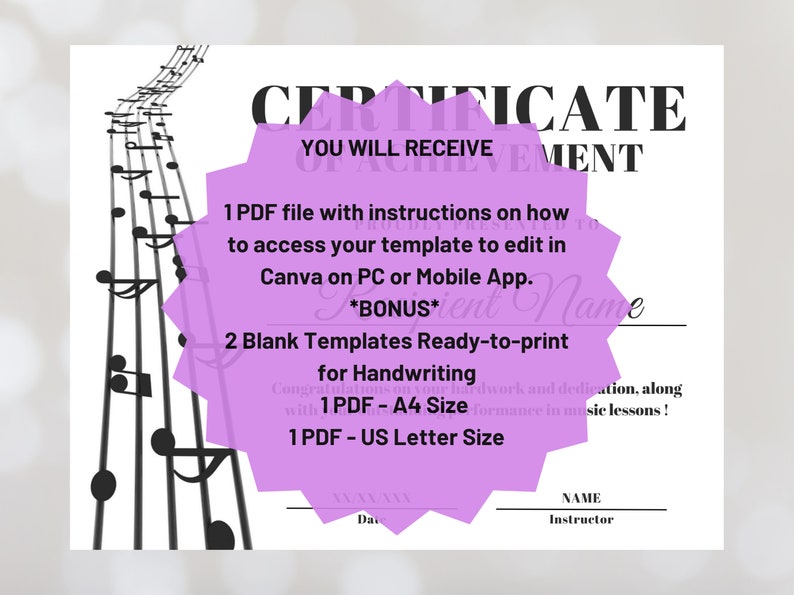 Music Achievement Editable Award Certificate Template, Personalized ...