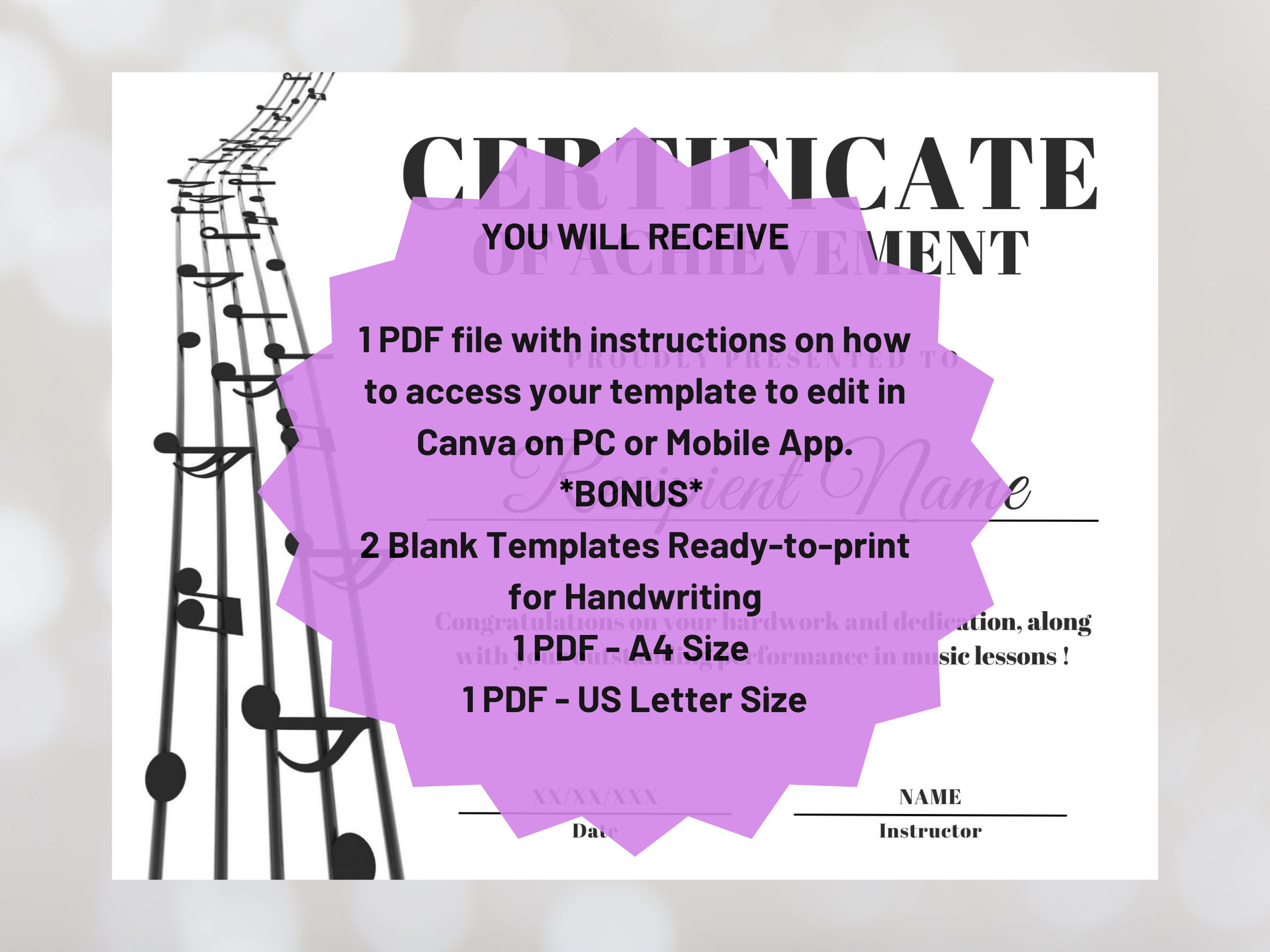 Editable Music Award Certificate Template (PDF) - Etsy