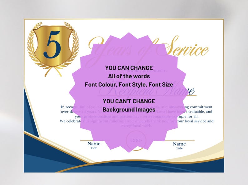 Editable Years of Service Award Certificate, Staff Recognition (canva ...