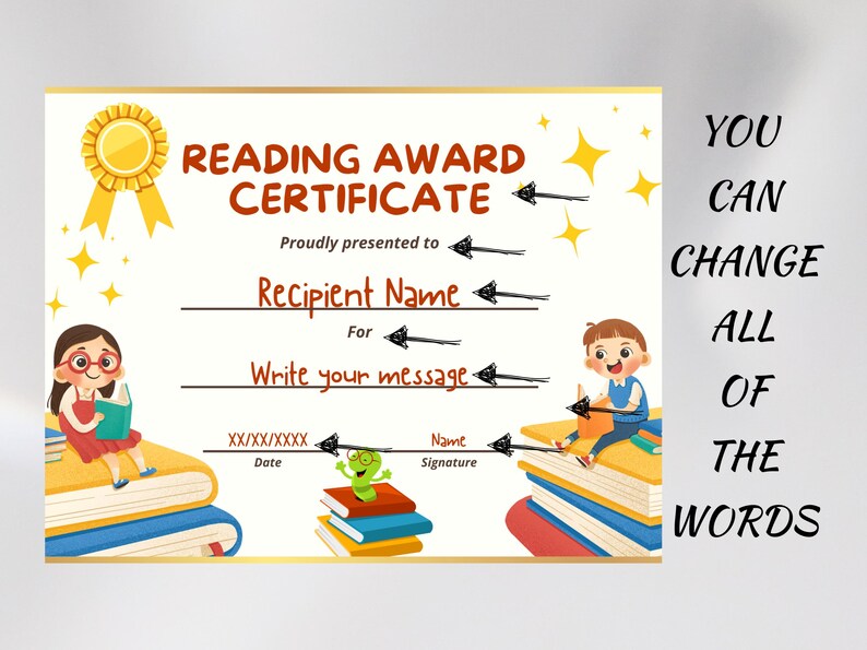 Reading Award Certificate Editable Template, Bookworm Recognition ...