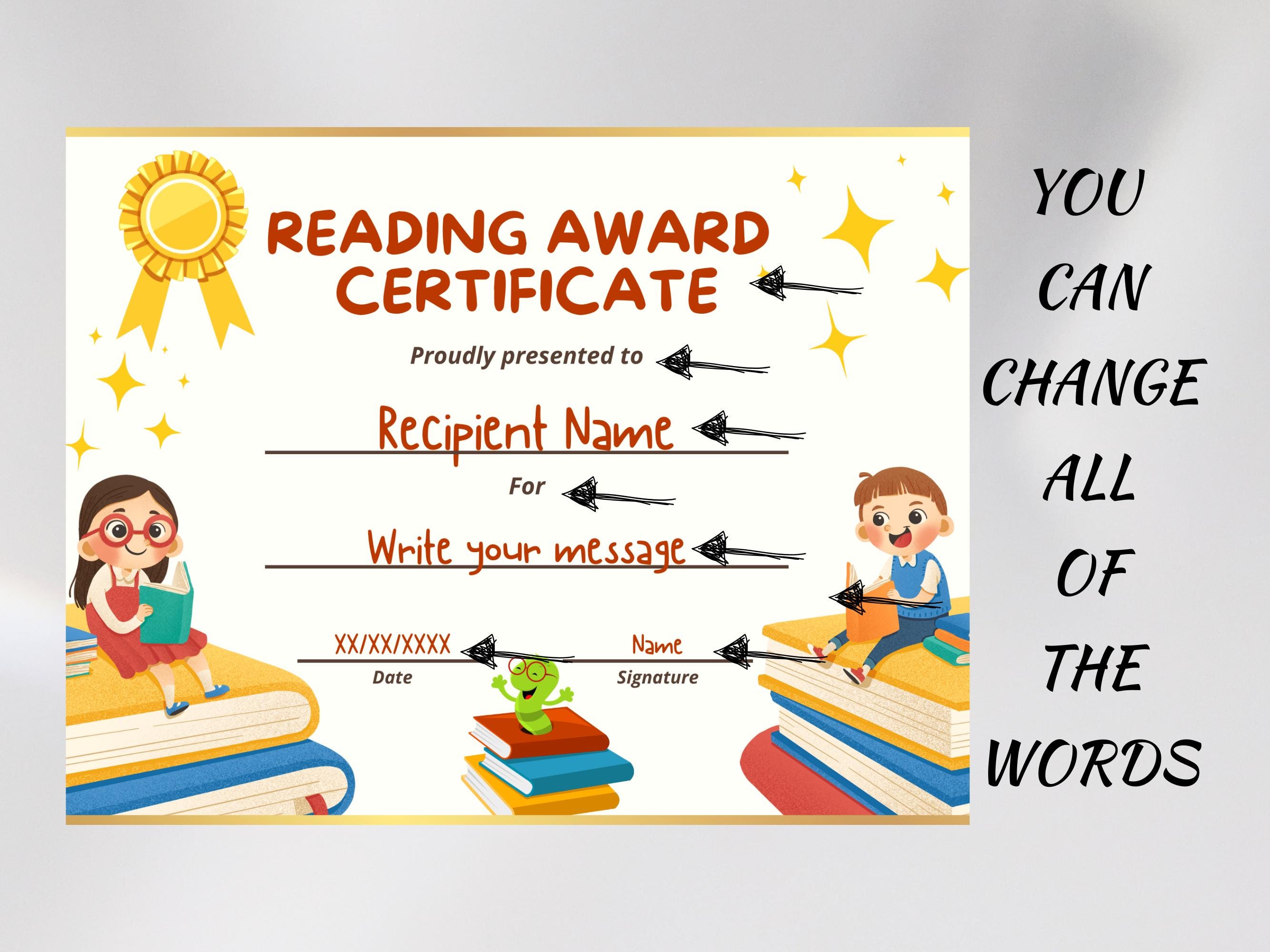 Reading Award Certificate Editable Template, Bookworm Recognition ...