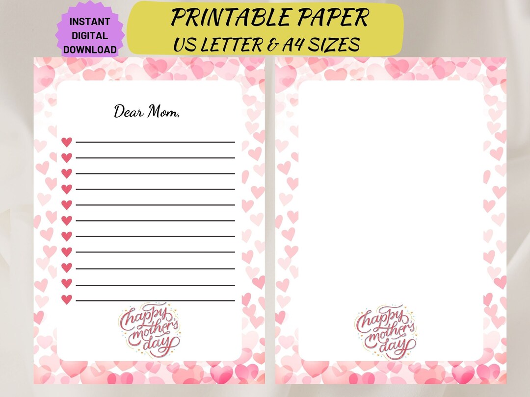 Mother's Day Letter Paper Printable, Dear Mom Letter Stationery for ...