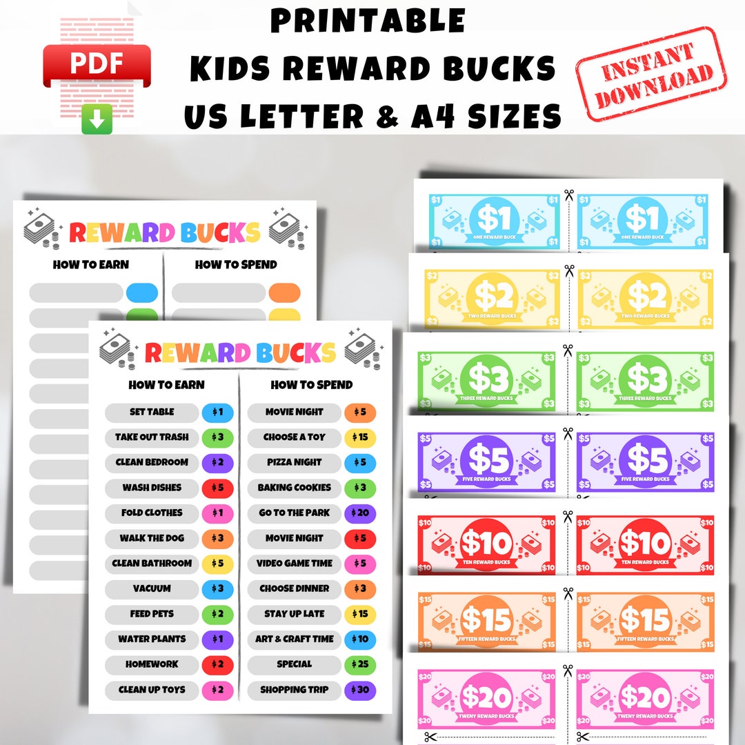 Printable Kids Reward Chart With Reward Bucks, Reward Bucks for Kids ...