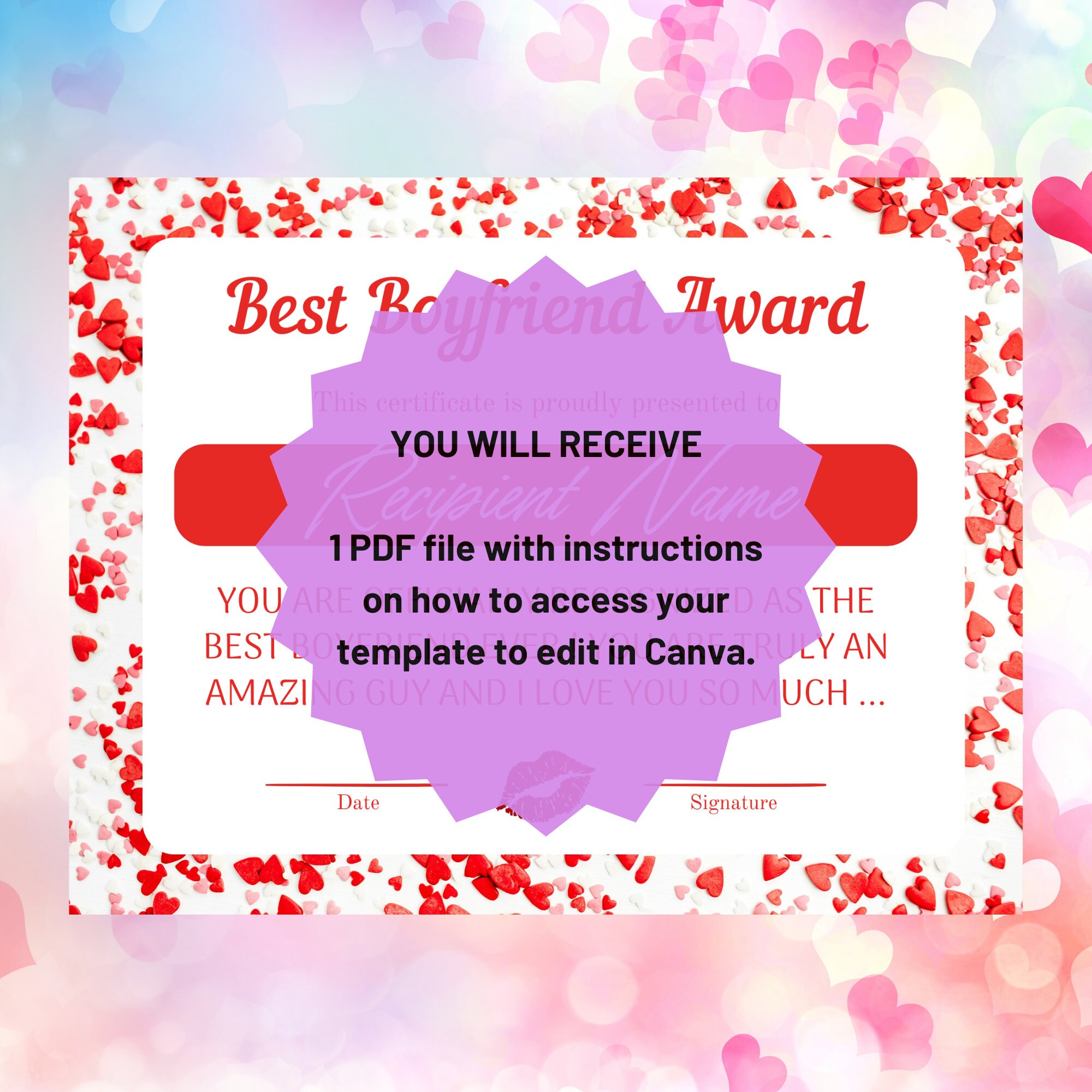 Editable Best Boyfriend Award Certificate Template, Valentines Day Best ...