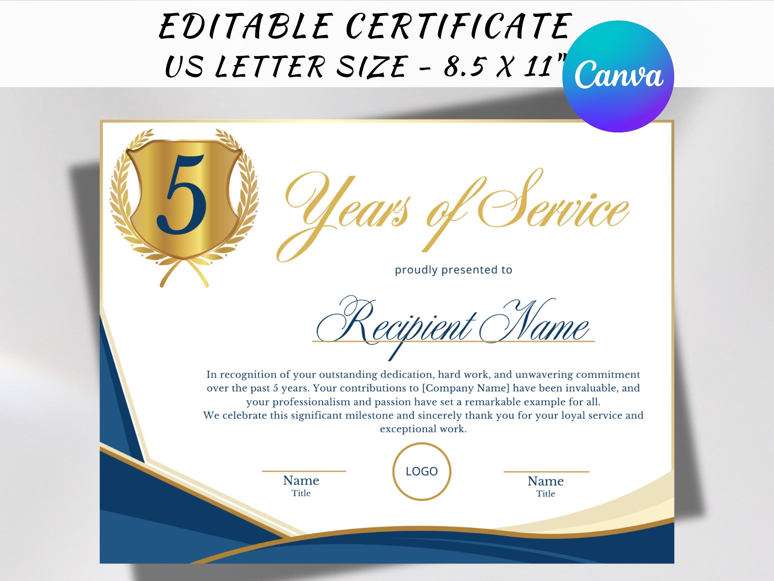 Editable Years of Service Award Recognition Certificate, 5 Year Work Celebration Party ...
