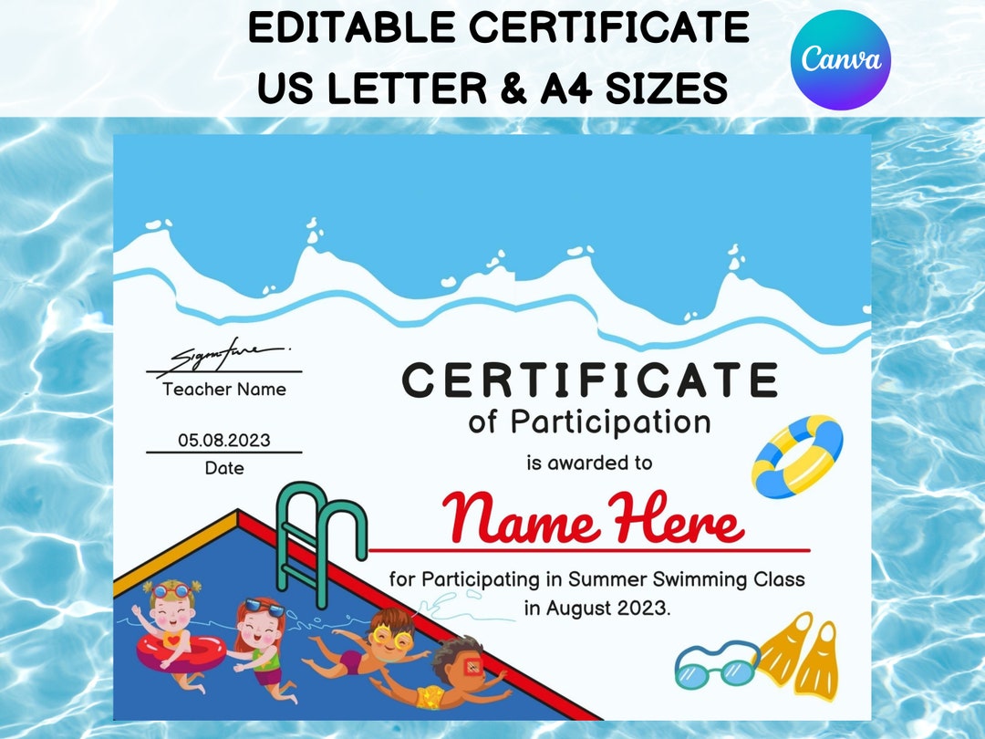 Editable Swimming Certificate Template, Kids Sports Swimming Award ...