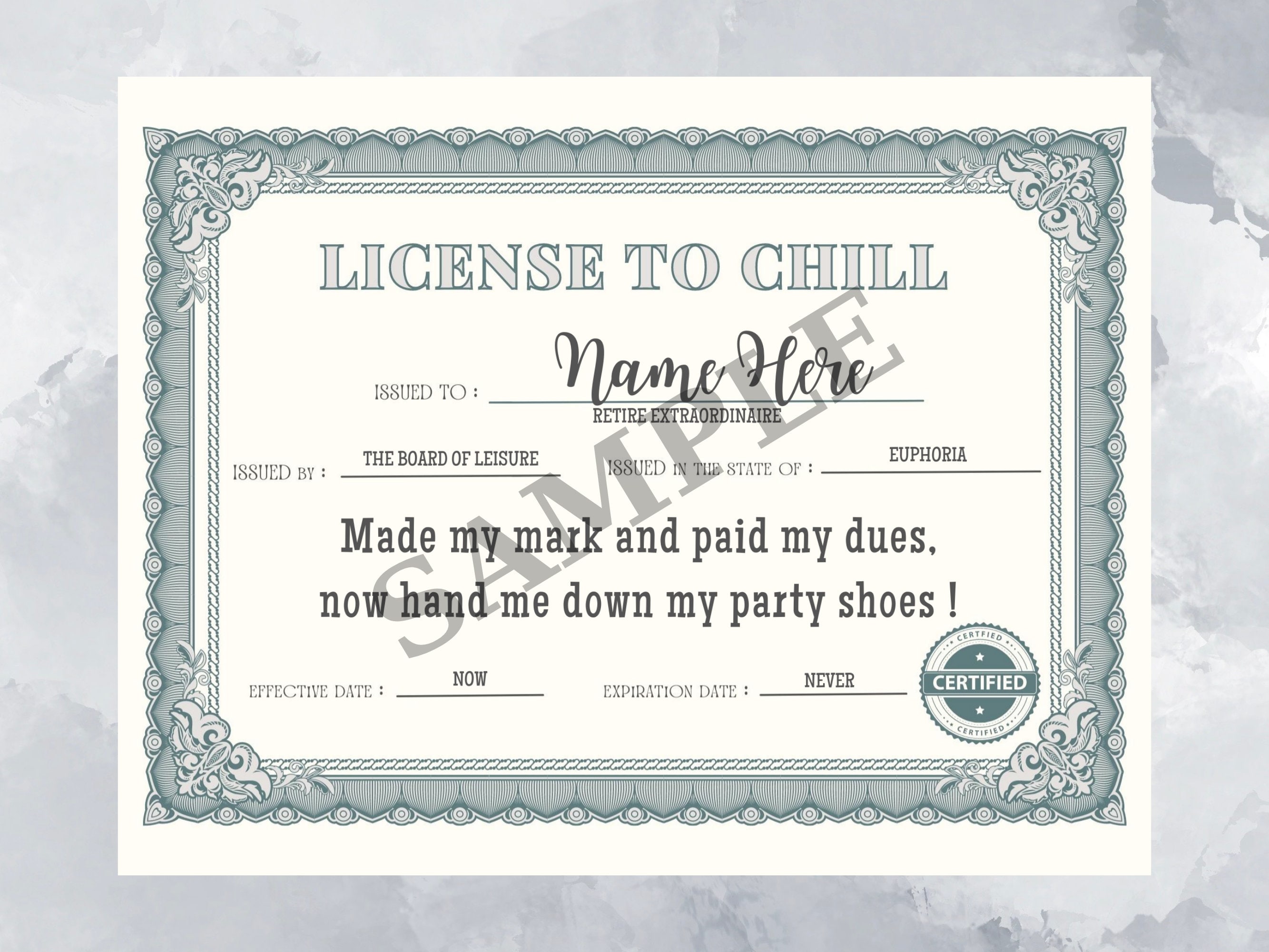 License to Chill Retirement Certificate Editable, Custom Retro ...
