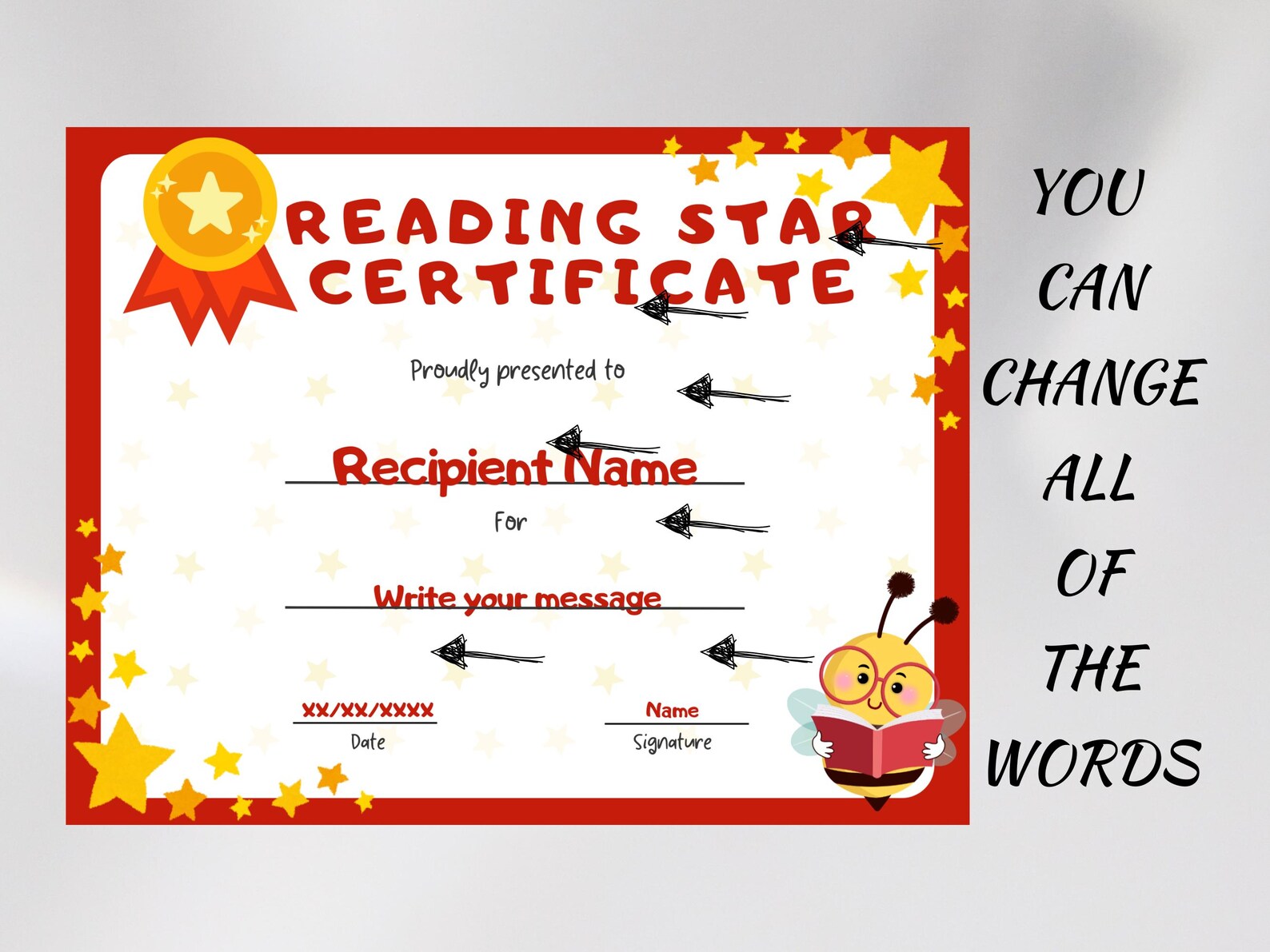 Reading Star Certificate Editable Template, Bookworm Recognition ...