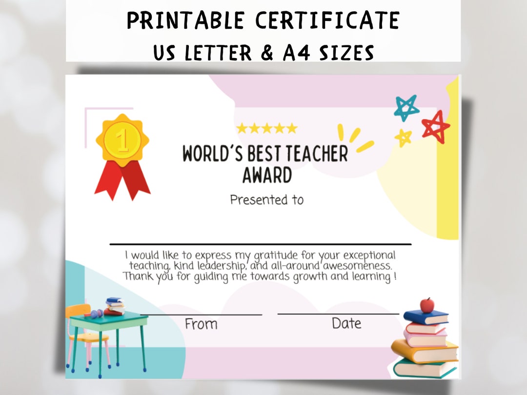 Teacher Appreciation Award Printable, Worlds Best Teacher, Personalized ...