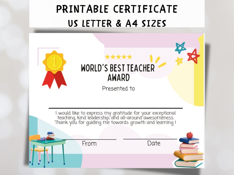 Teacher Appreciation Award, Personalized Certificate (digital Download ...