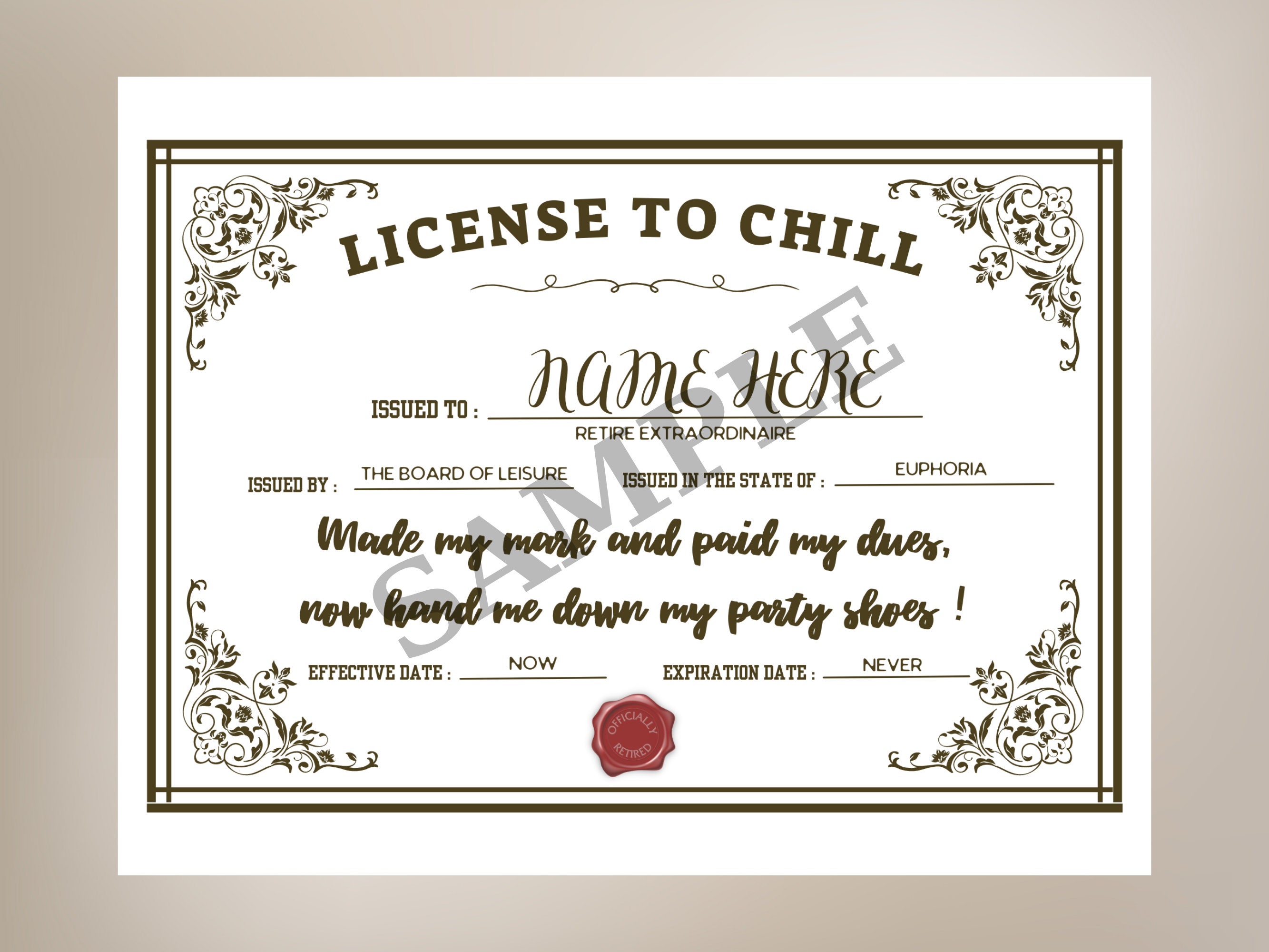 License to Chill Retirement Certificate Editable, Customizable ... License to Chill Retirement Certificate Editable, Customizable ...