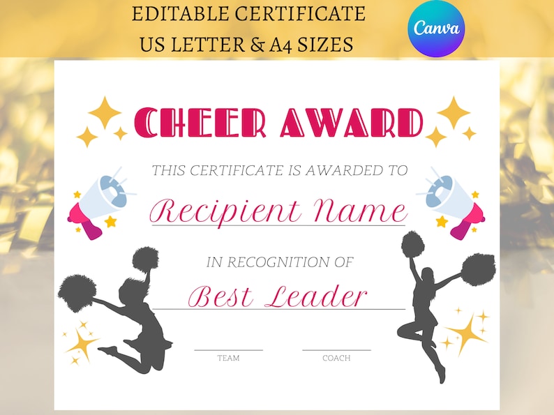 Customizable Cheerleader Award Certificate, Cheer Squad Award ...