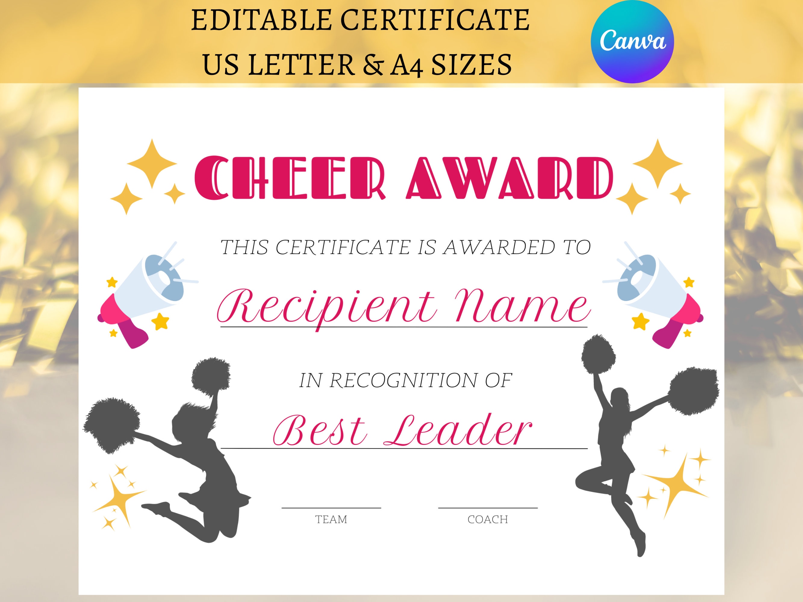 Customizable Cheerleader Award Certificate, Cheer Squad Award ...