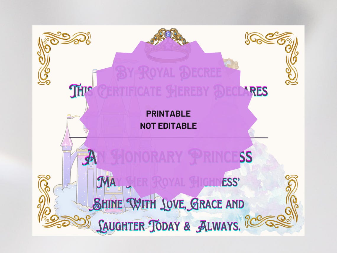 Personalized Princess Award Certificate, Royal Party Printable (PDF) - Etsy