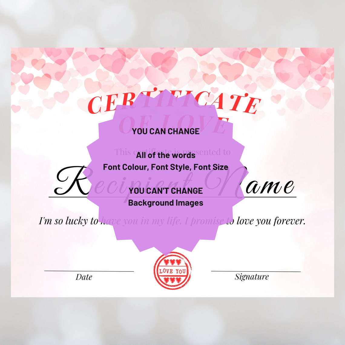 Editable Certificate of Love, Declaration of Love Appreciation Award ...