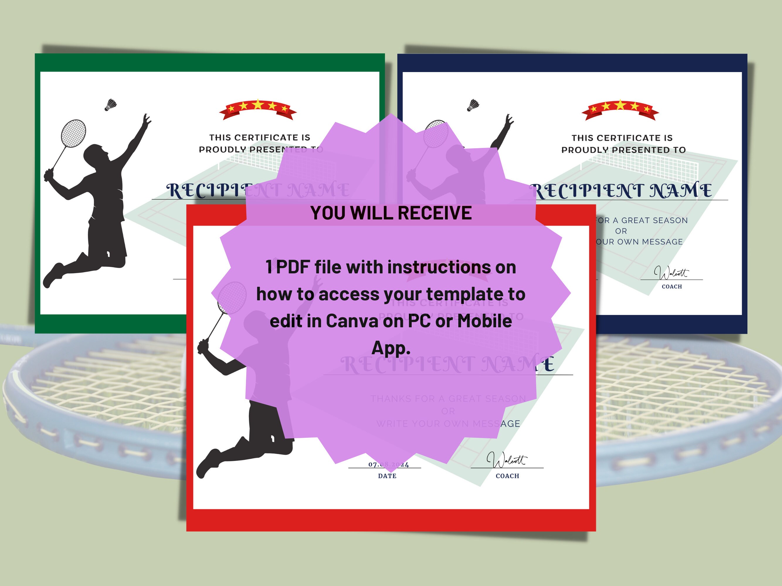 Badminton Player Award Certificate Editable Template, Printable Sports Participation Recognition ...
