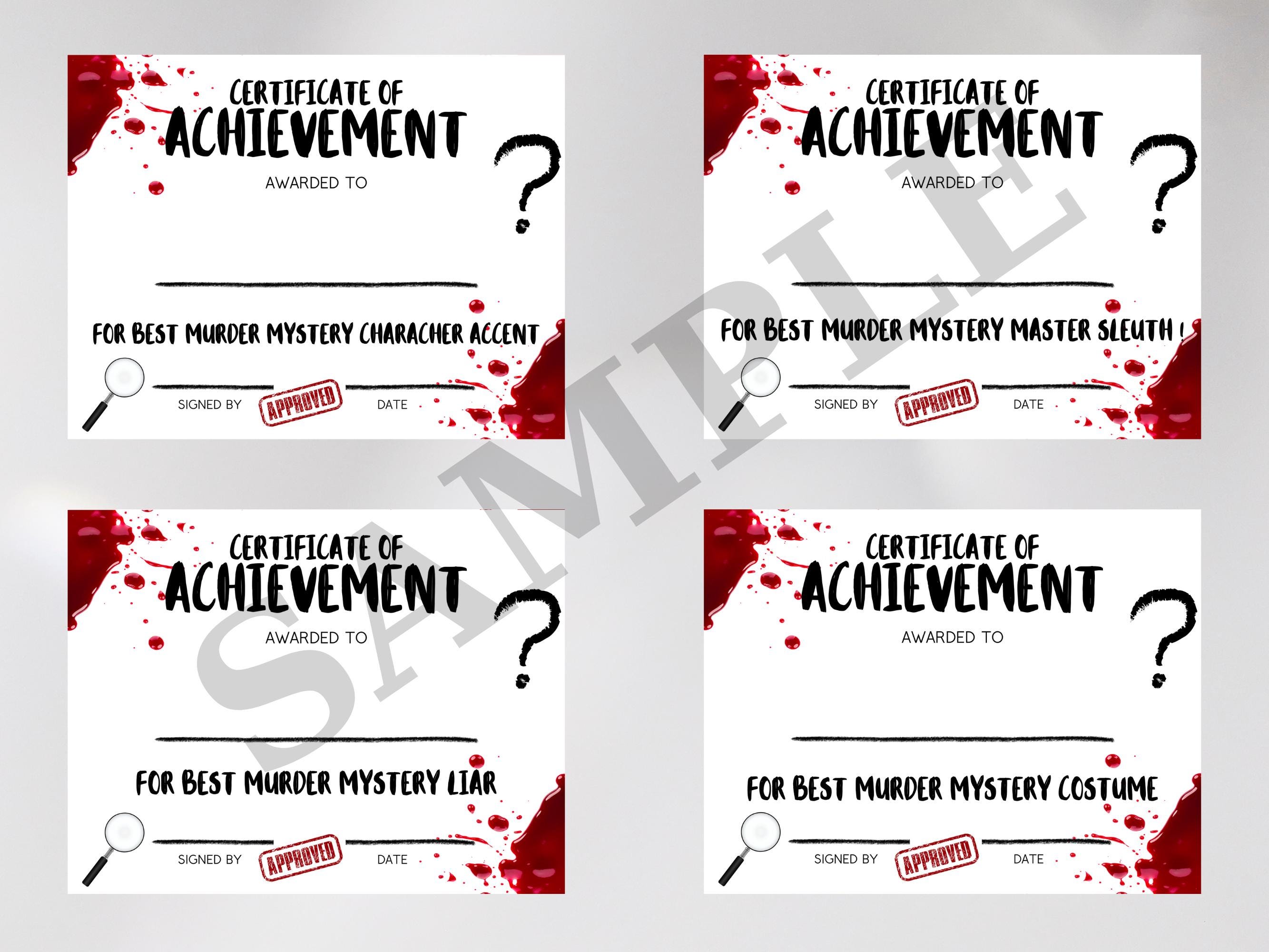 Murder Mystery Award Printable Certificate, Crime Scene Achievement ...