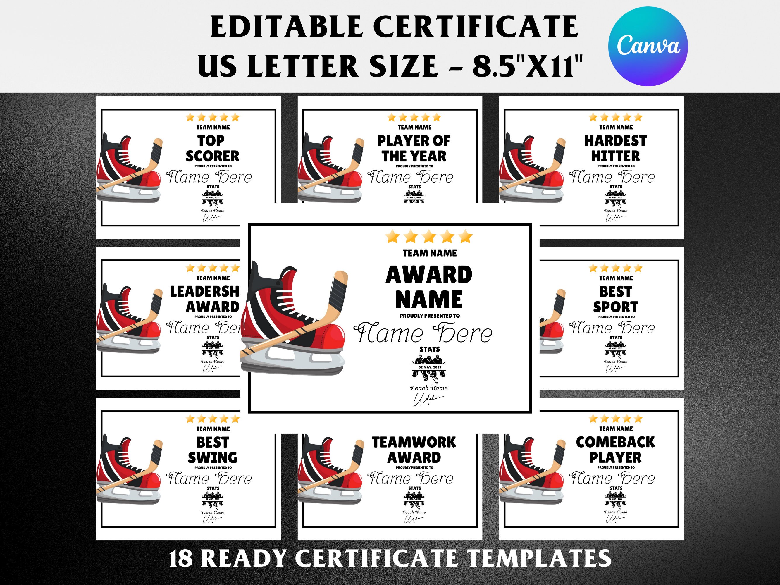 Ice Hockey Player Award Certificate Editable Template, Printable Sports ...