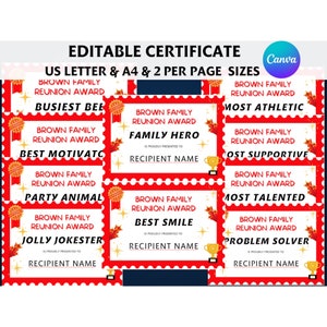 Family Reunion Awards, Editable Printable Certificates (PDF) - Etsy