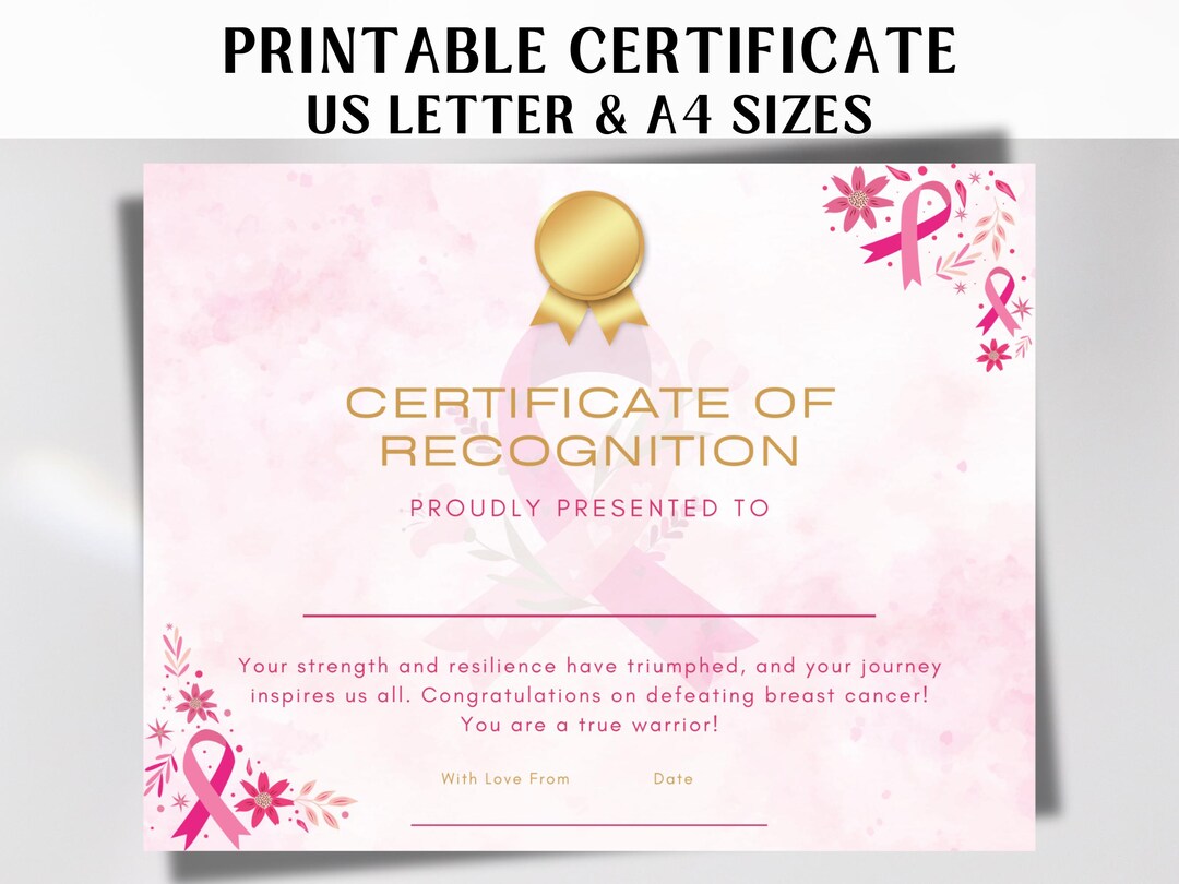 Breast Cancer Fighter Appreciation Certificate Printable, Cancer Free ...