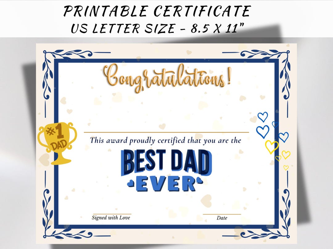 World's Best Dad Award Certificate Printable, Father's Day Last Minute ...