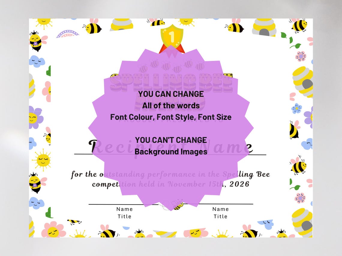 Editable Spelling Bee Certificate Template, Spelling Participant Award ...