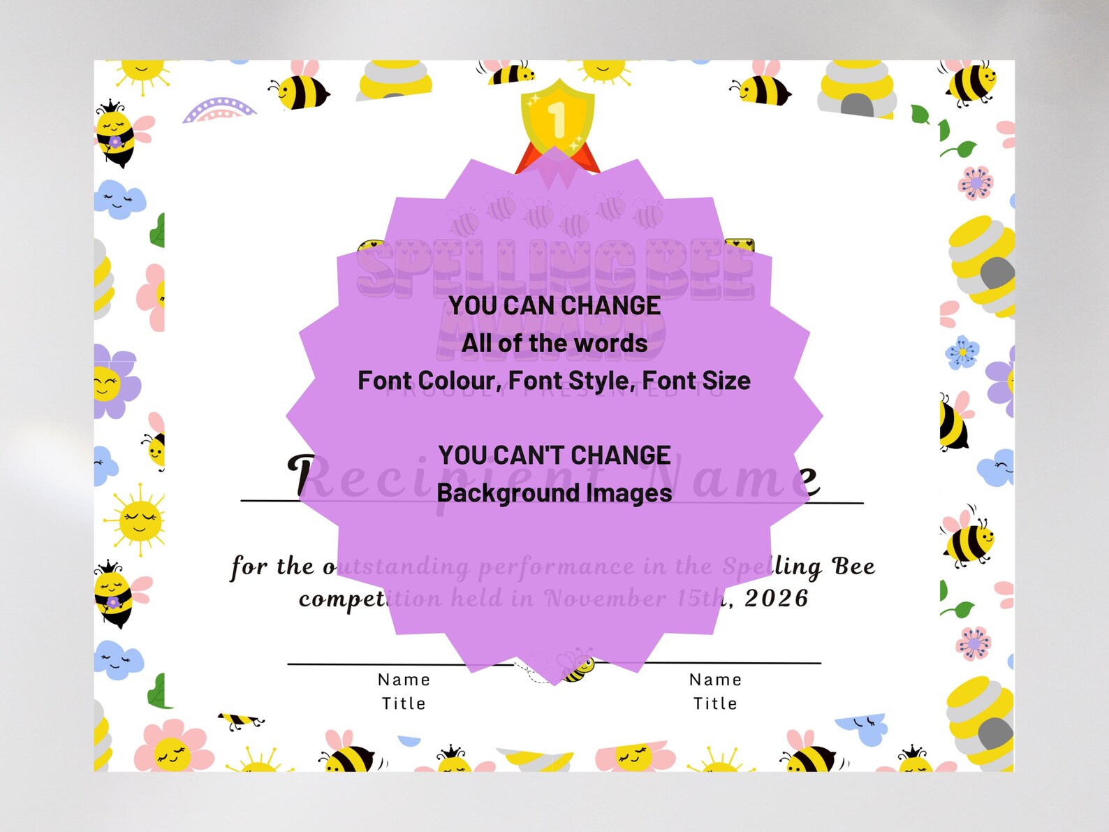 Editable Spelling Bee Certificate Template, Spelling Participant Award ...