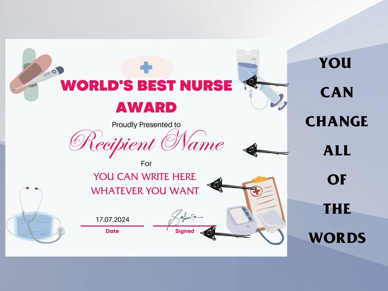 Editable World's Best Nurse Award Certificate Template, Printable ...