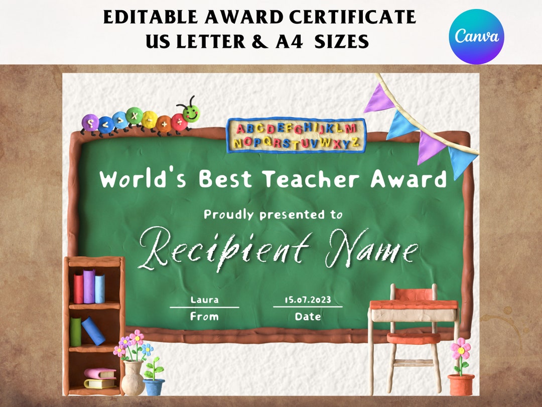 Teacher Appreciation Award Custom Certificate Template, Worlds Best ...
