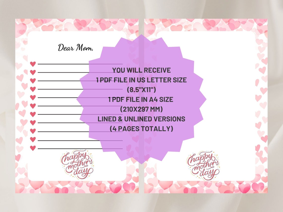Mother's Day Letter Paper Printable, Dear Mom Letter Stationery for ...
