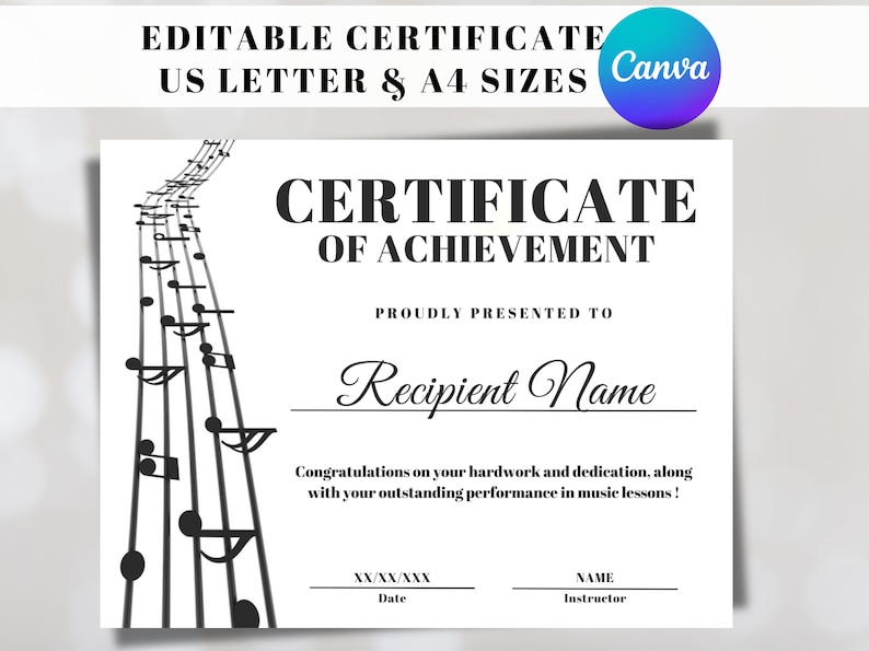 Music Achievement Editable Award Certificate Template, Personalized ...