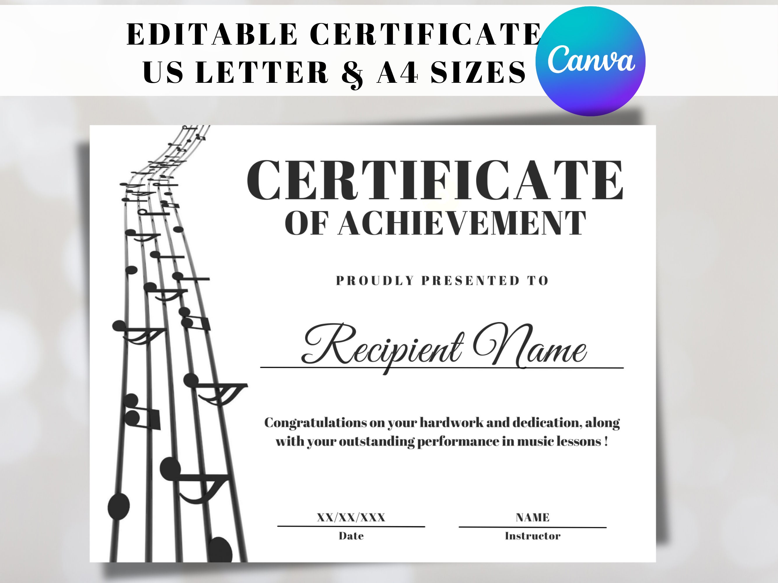 Music Achievement Editable Award Certificate Template, Personalized ...