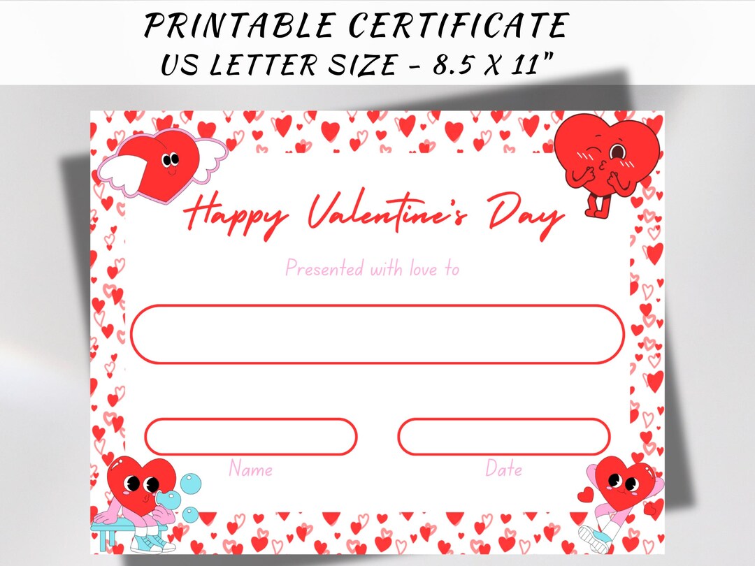 Valentine's Day Printable Certificate, Fun Award for Kids (US Letter ...