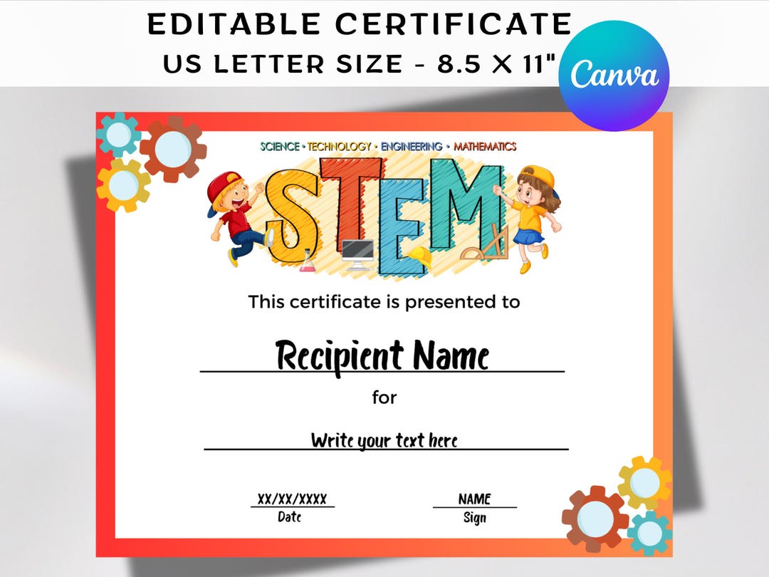 STEM Certificate Editable Canva Template, Printable Kids Award Certificate, Student School ...