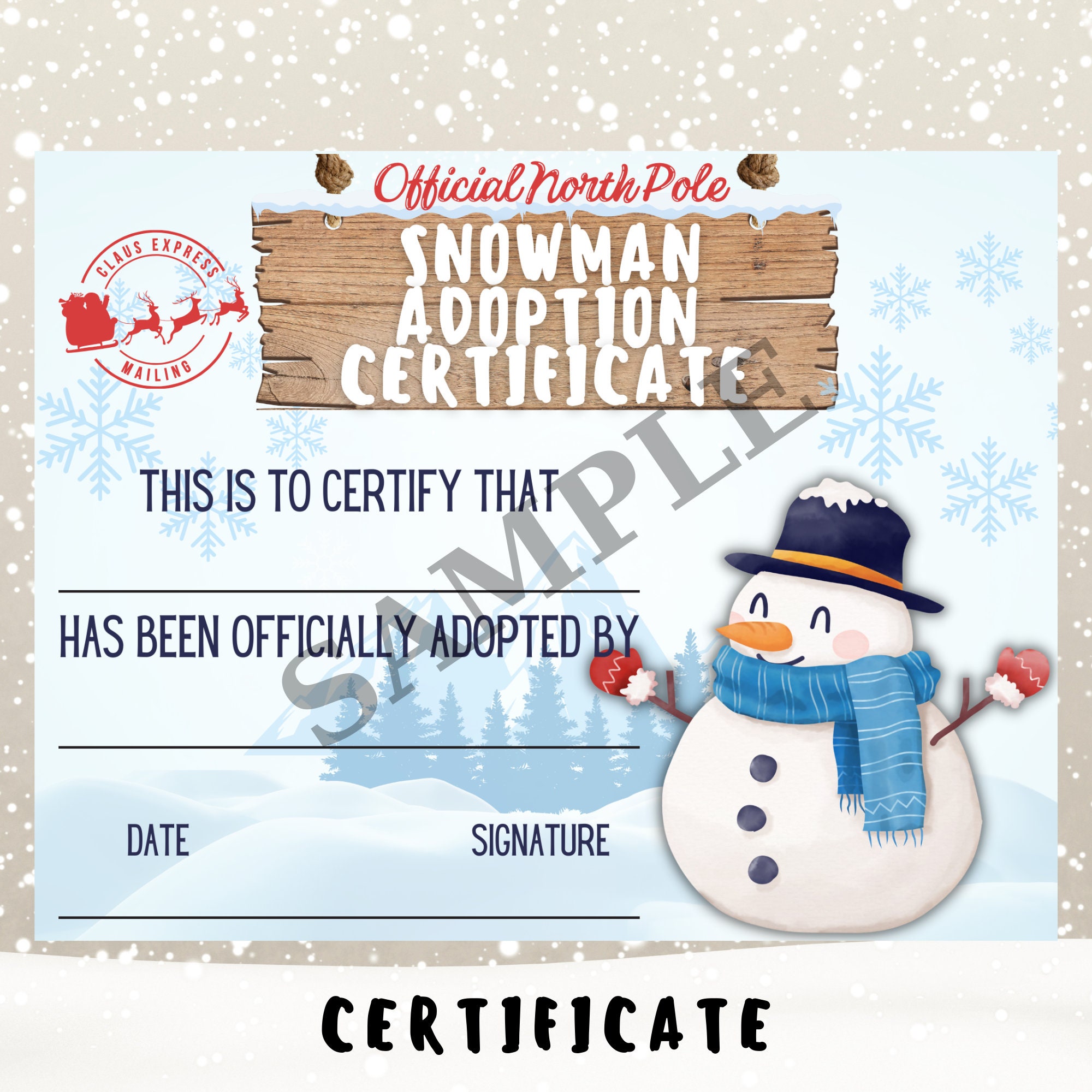 Snowman Adoption Certificate & Sign, Adopt a Snowman, Christmas Holiday ...