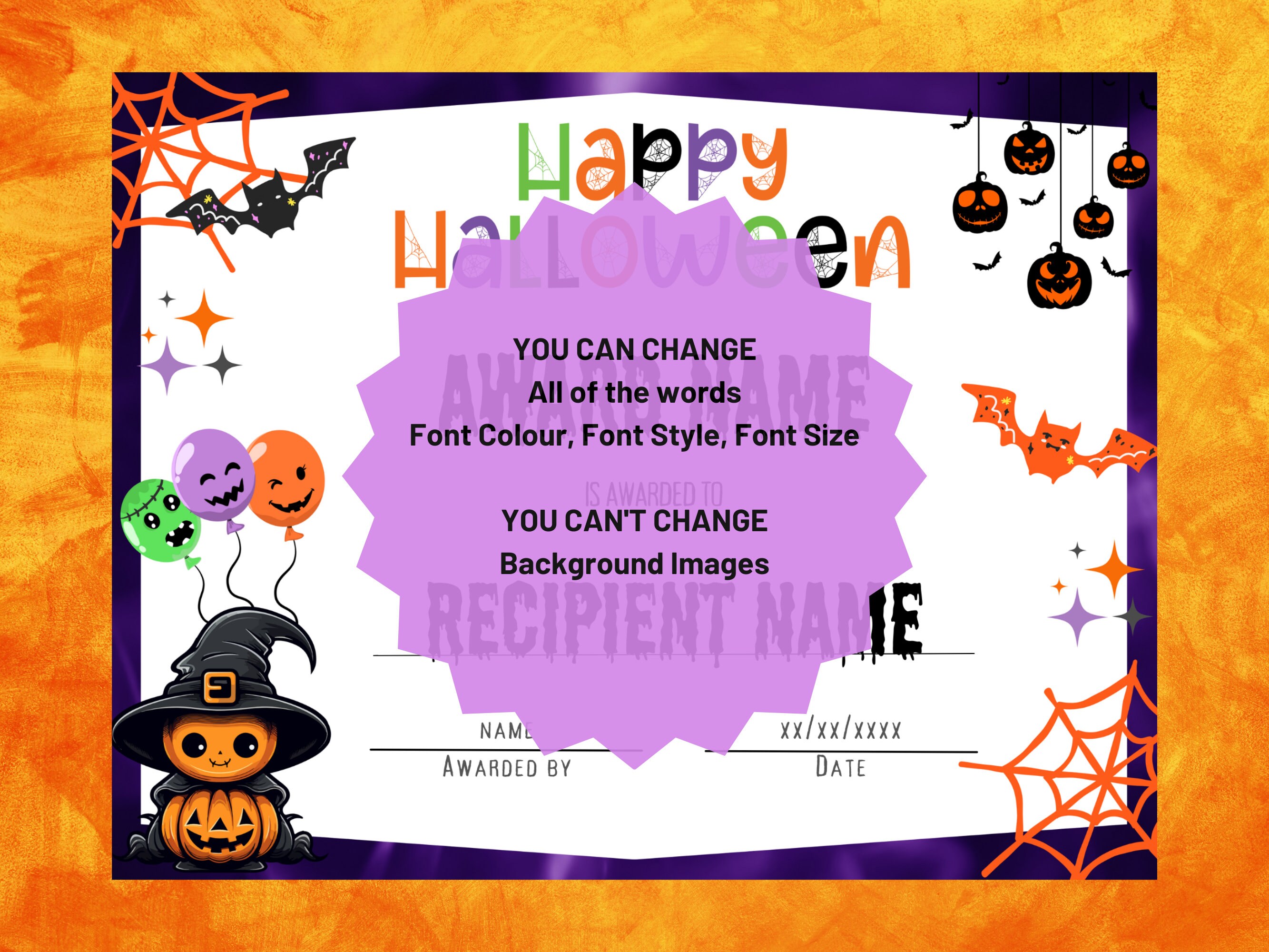 Editable Halloween Costume Award Certificate, Canva Template (digital ...