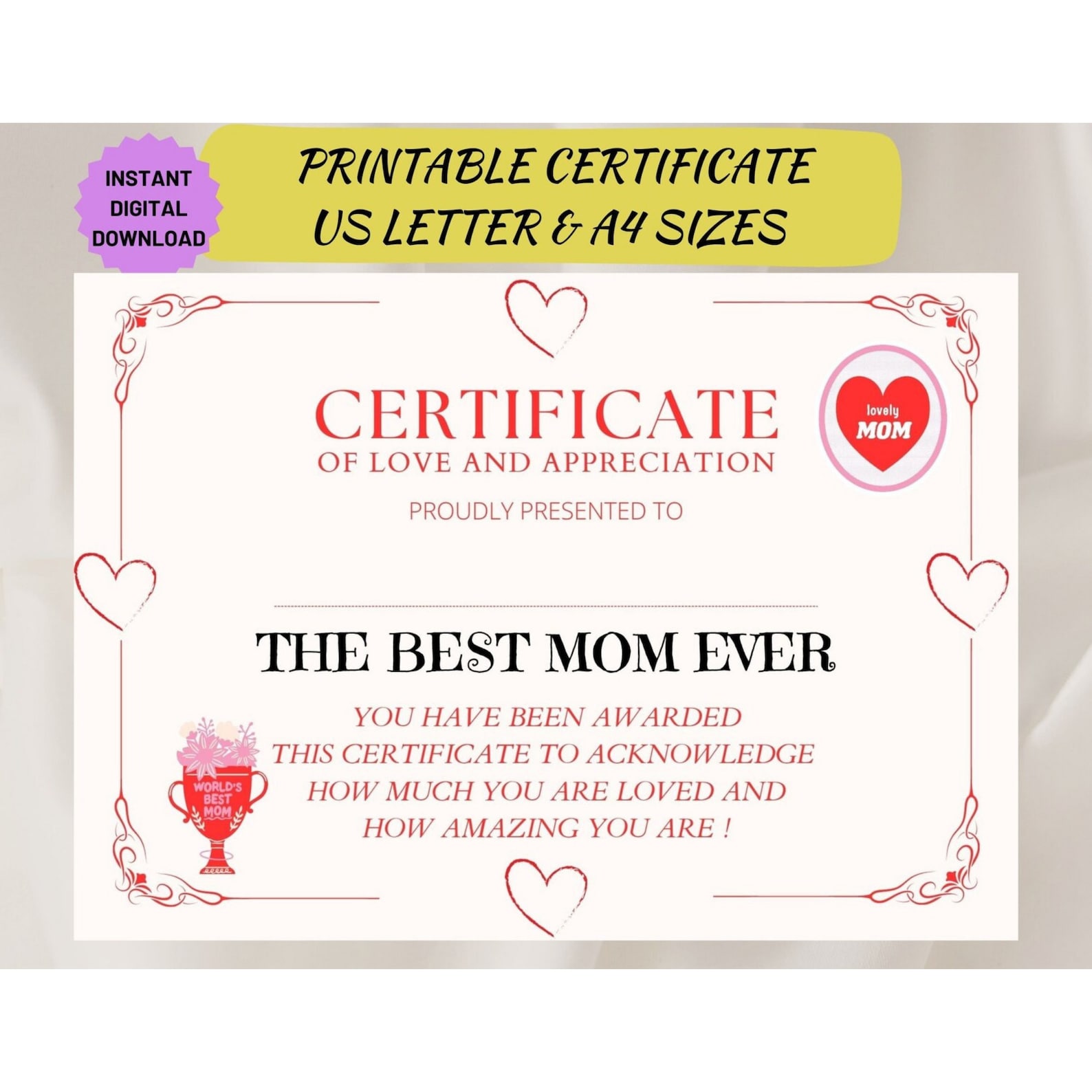 Best Mom Ever Printable Recognition Certificate, Mom Appreciation ...