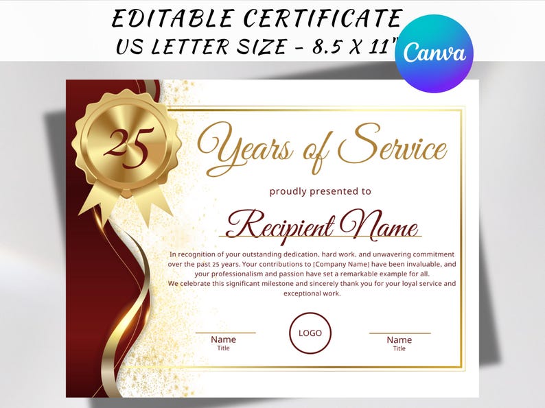 Editable Years of Service Award Recognition Certificate, 25 Year Work ...