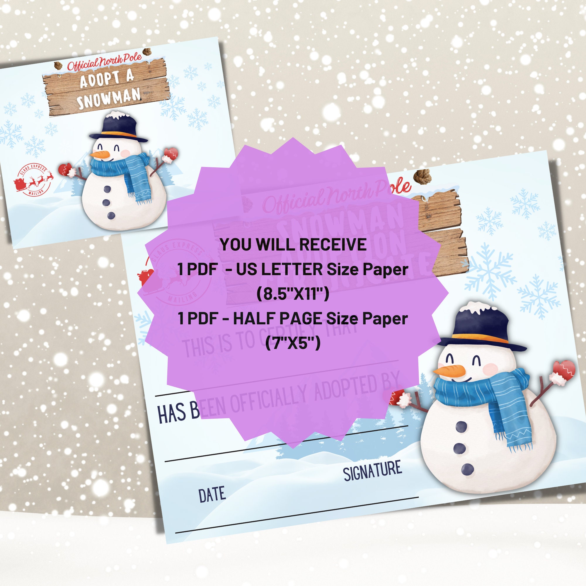 Snowman Adoption Certificate & Sign, Adopt a Snowman, Christmas Holiday ...