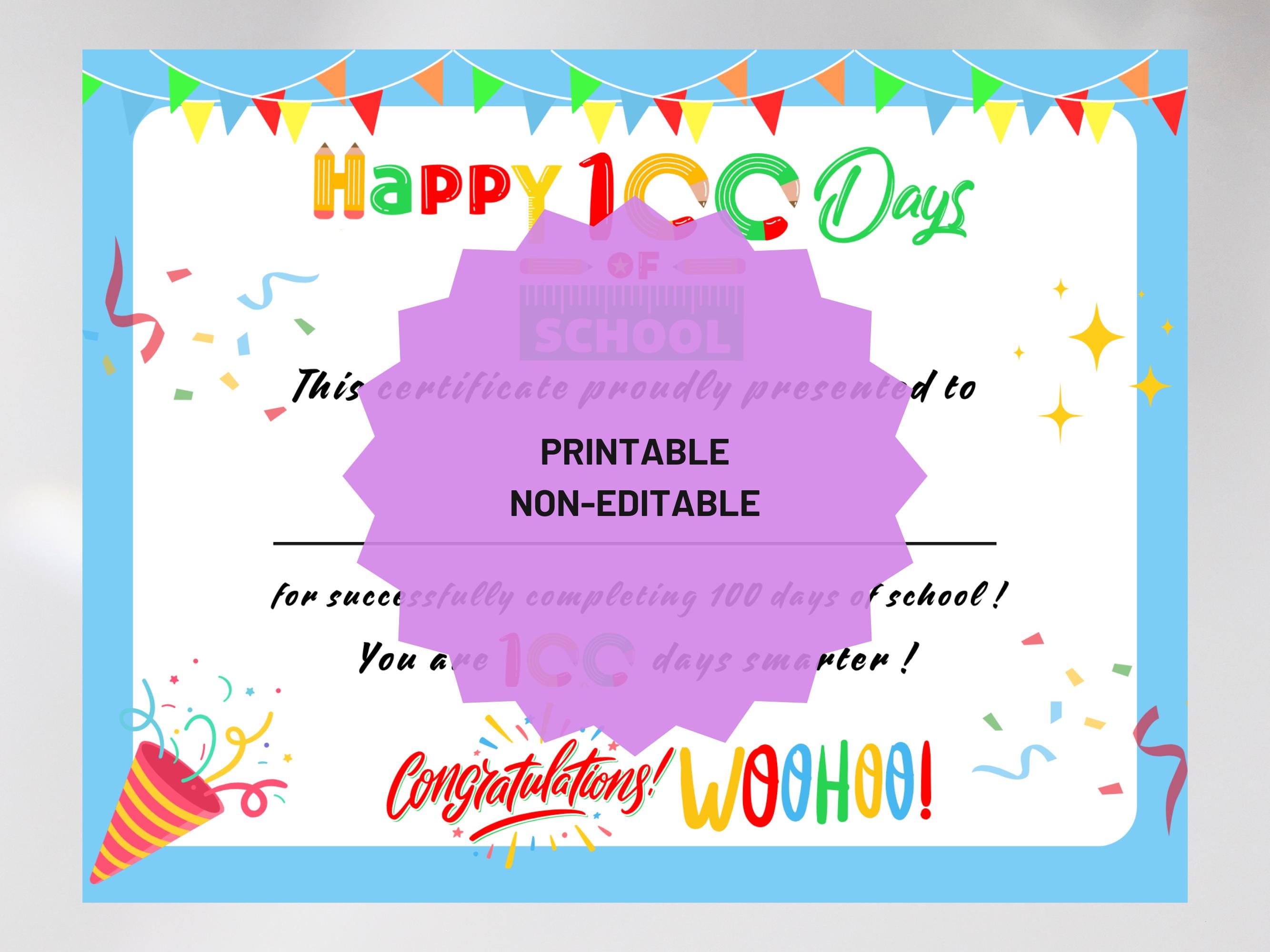 100 Days of School Certificate, Homeschool Celebration (PDF) - Etsy