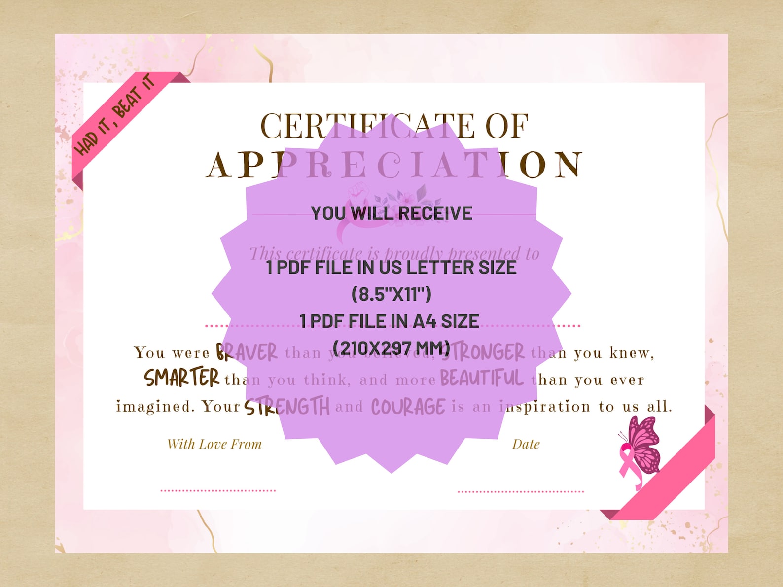 Breast Cancer Fighter Appreciation Certificate Printable | Cancer Free ...