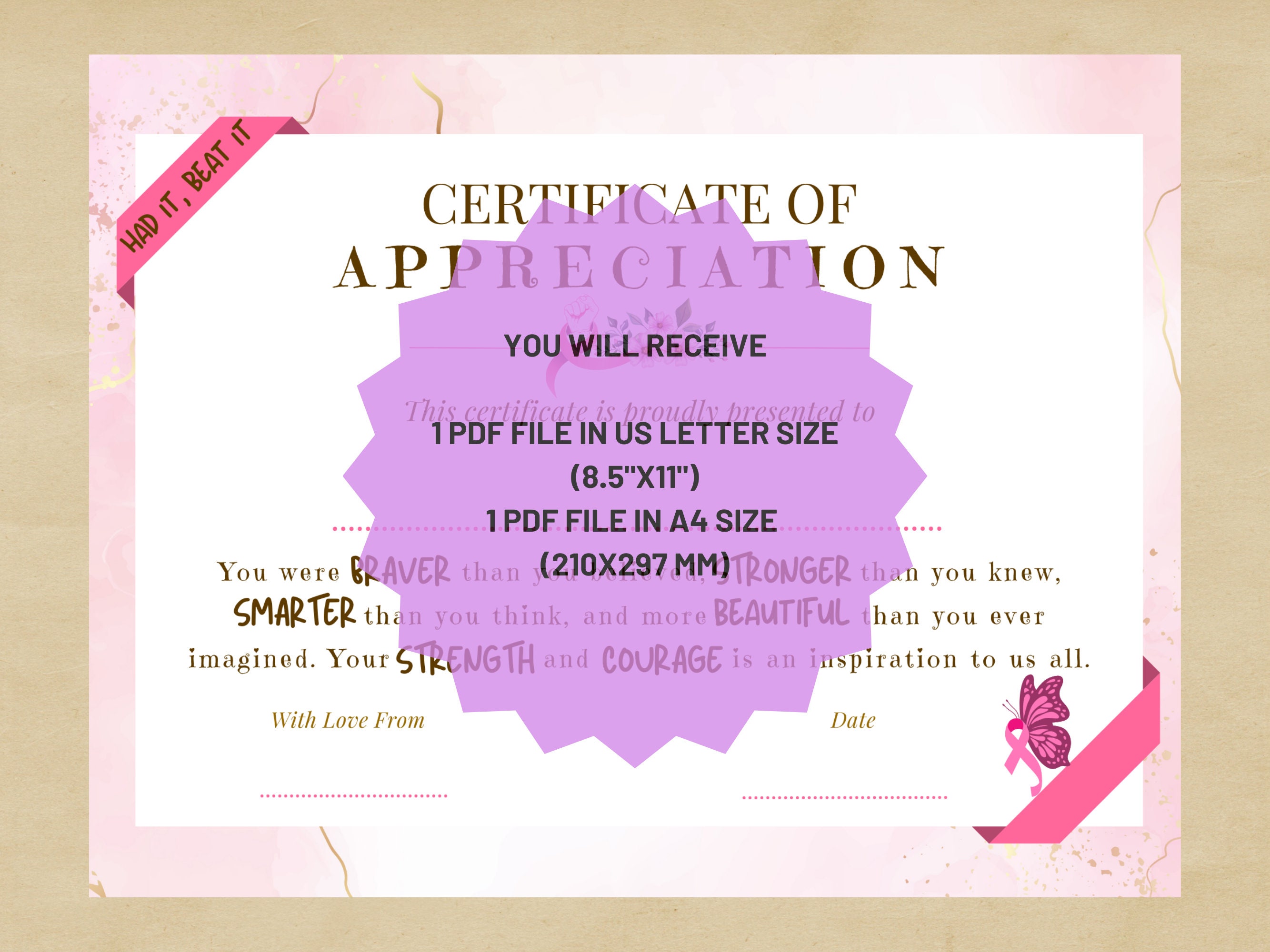 Breast Cancer Survivor Certificate | Appreciation Gift (digital ...