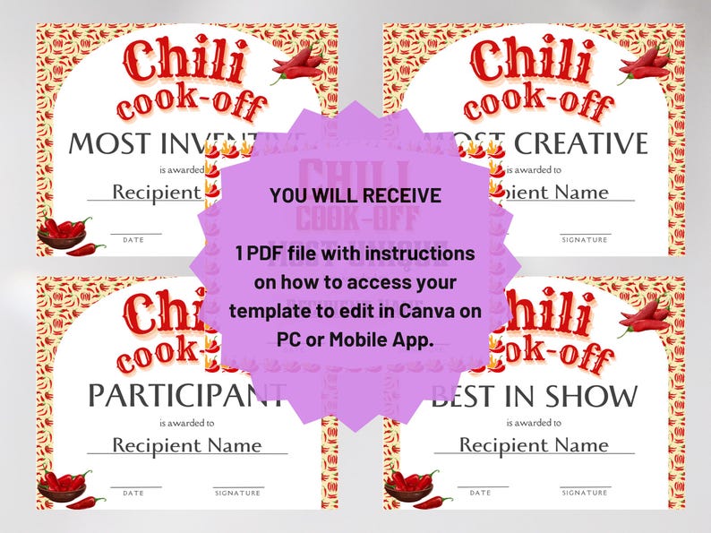 Editable Chili Cook off Award Certificate Template, Chili Contest ...