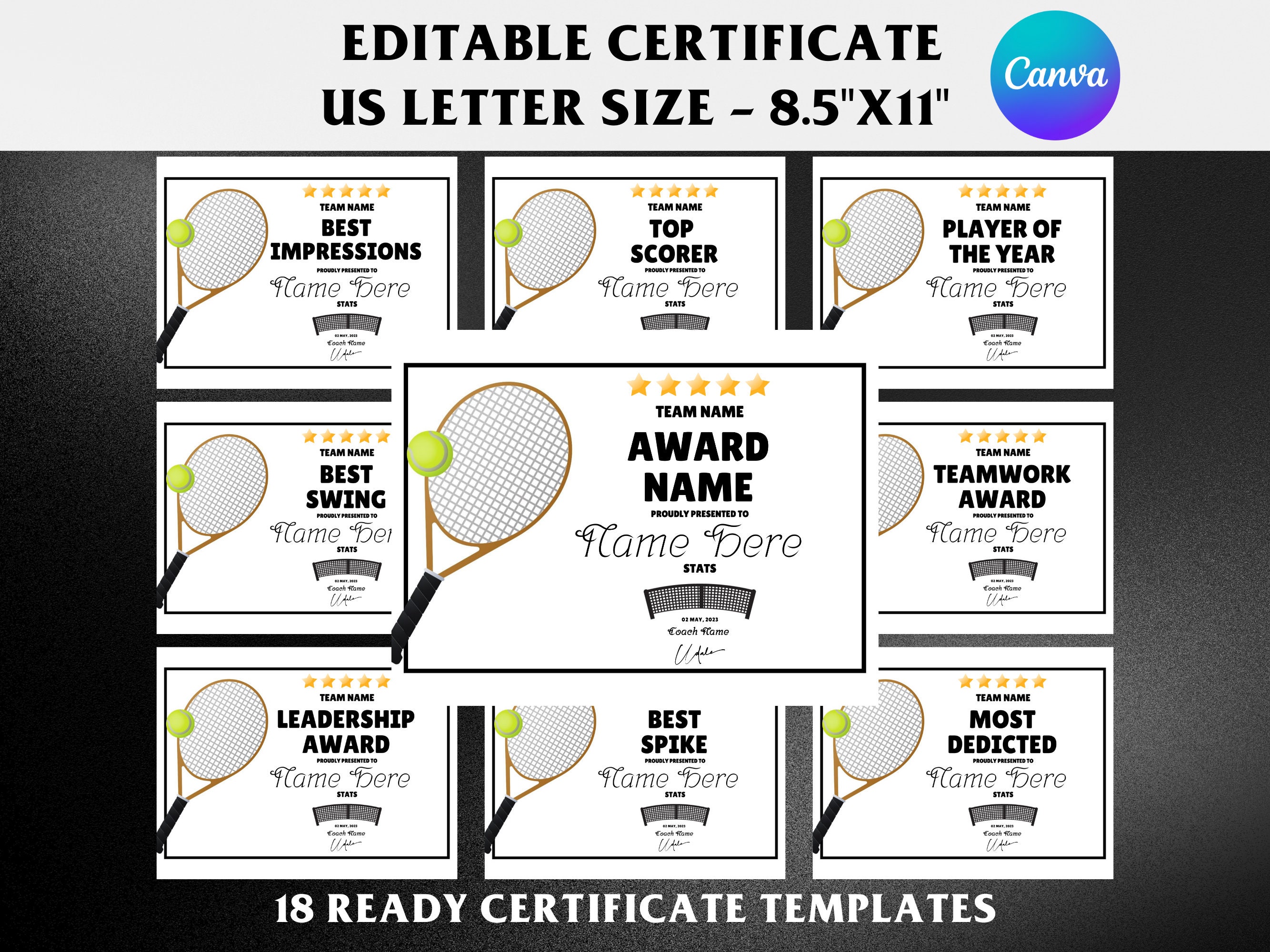 Editable Tennis Award Certificate Template, Customizable Design for ...