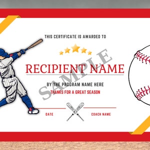 Baseball Award Certificate Editable Template, Team Sports End of Season ...