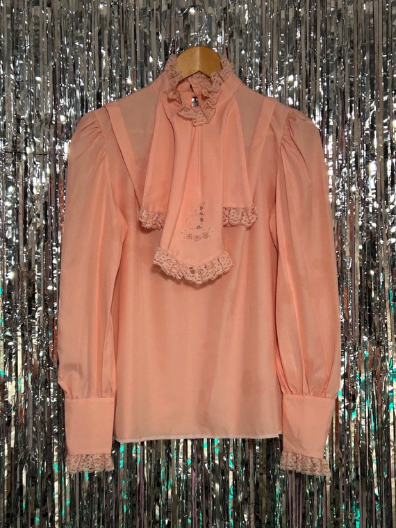 70s Vintage Ruffle and Lace Embroidered Bib Front Blo… - Gem