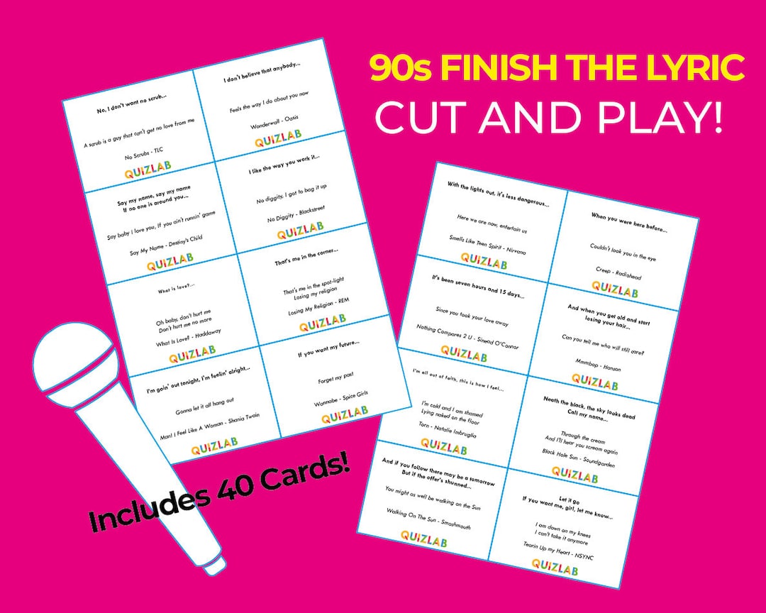 90s Finish the Lyric Card Game | Songs of the 90s | Cut and Play ...