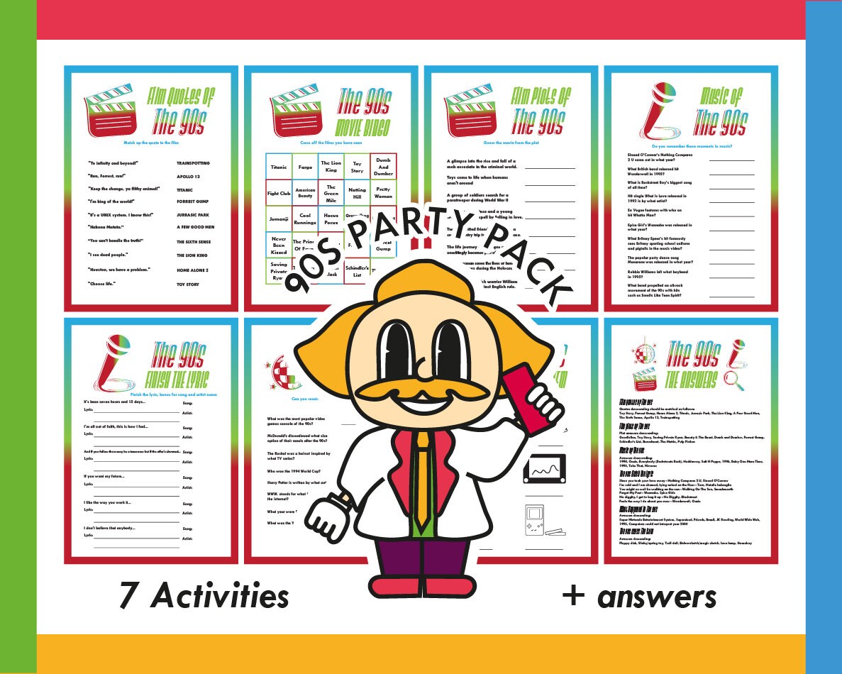 90s Party Pack Bundle | 90s Movie and Music Quiz | 1990s Decade ...