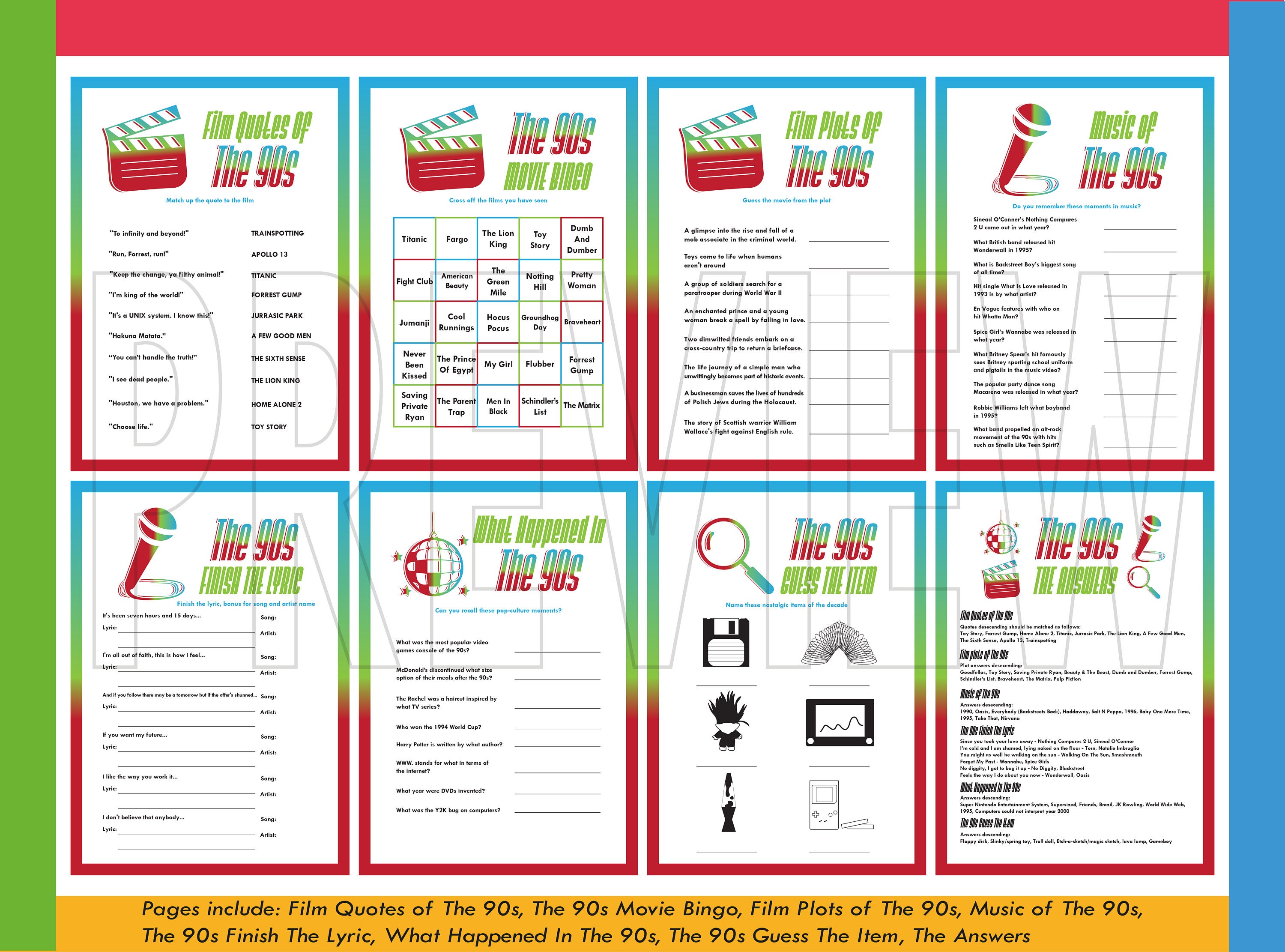 90s Party Pack Bundle | 90s Movie and Music Quiz | 1990s Decade ...